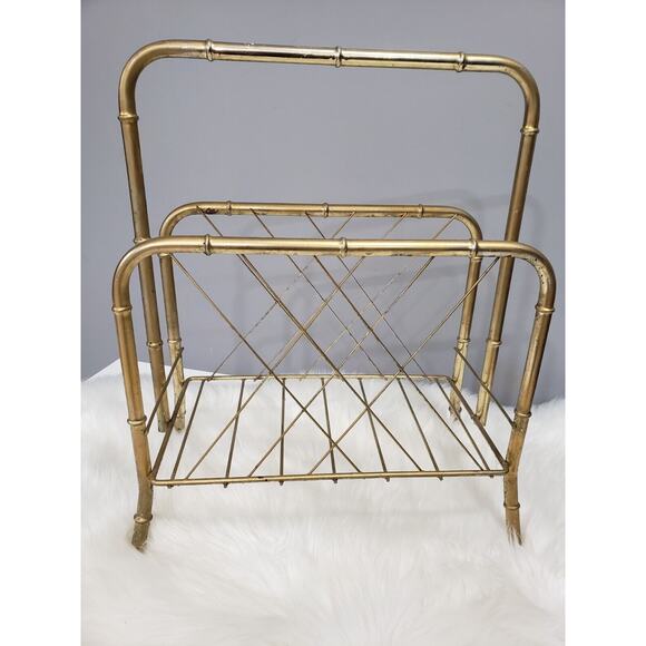 Dining | Magazine Rack Stand Metal Bamboo Faux Gold Album Vintage Mcm ...